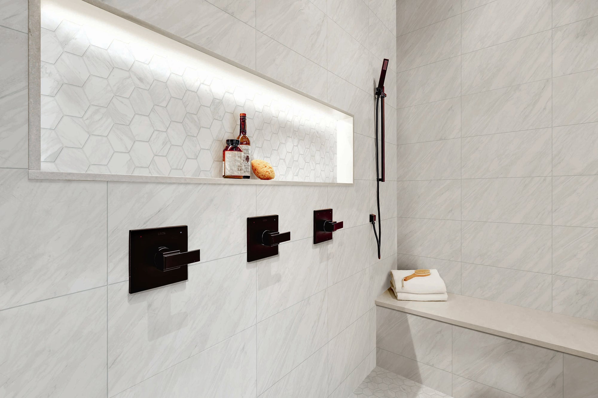 Marbles 3x3 Matte Porcelain Hexagon Mesh Mosaic Tile in Volakas Silk ...